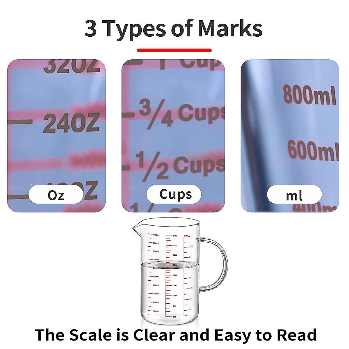 Luvan 34OZ/1000ML Glass Measuring Cup, 4 Cup Glass Measuring Cup With 3 Scales (Ml/Oz/Cup), High Borosilicate Glass Measuring Cup With Handle and V-Shaped Spout, Dishwasher/Freezer/Microwave Safe