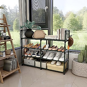 MOCINE 4-Tier Shoe Rack, Black Metal Shoe Racks, Stackable Shoe Shelf with Multifunctional Hooks, Hold 20 Pairs, Space saving shoe rack, Shoes rack for closet,