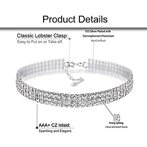 Layered Chain Necklace Shark Tooth Design Tassel White Rhinestone Choker Necklaces for Women (3 Row)