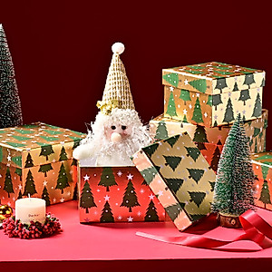 PAPER FAIR 5PCS Christmas Nesting Gift Boxes Set, Gold Foil Green Xmas Tree Flat Square Cardboard Nested Box with Lid, for Gift Wrapping Holiday Present Birthday, Assorted Size