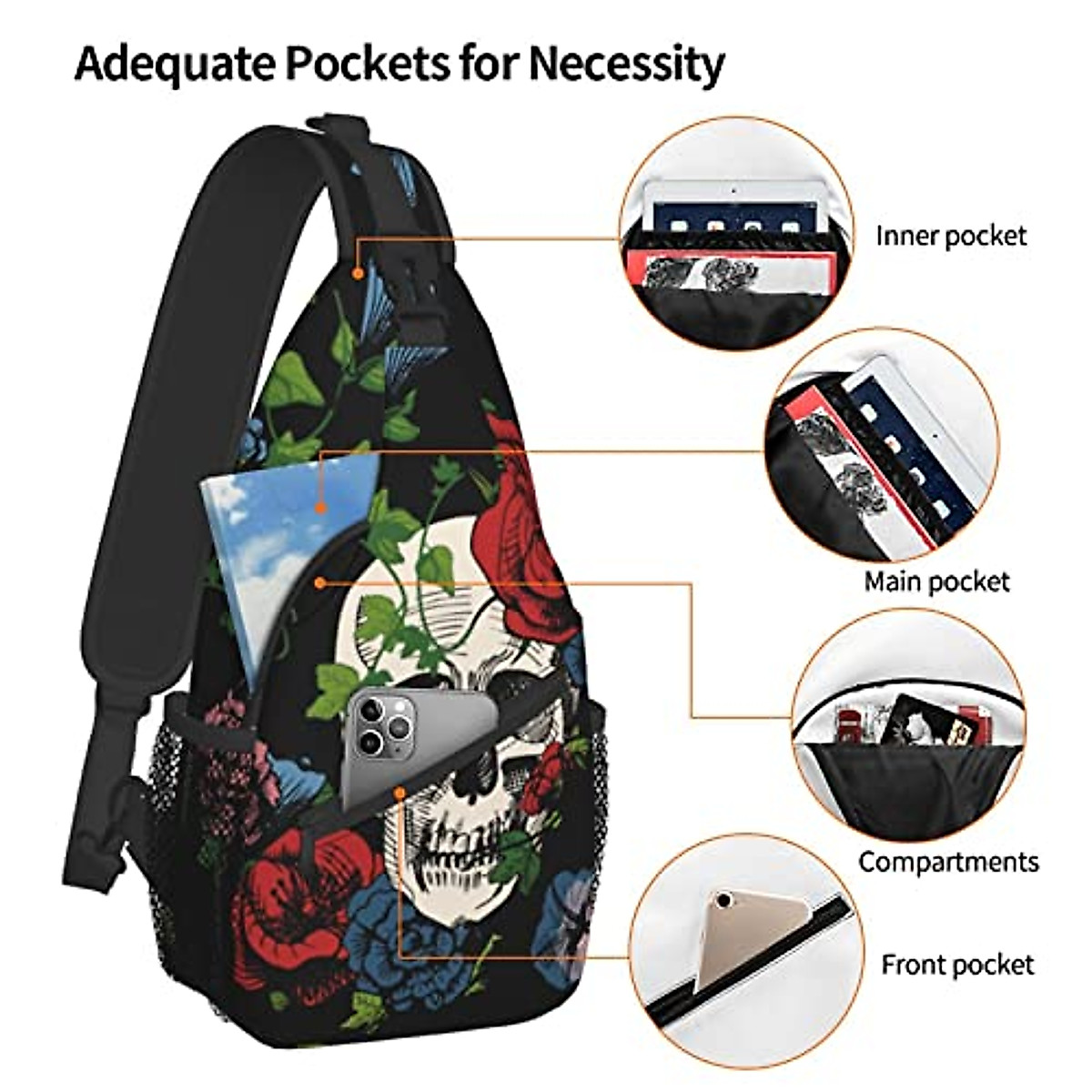 Skull And Rose Flower Sling Bag Crossbody Backpack For Women Men Hiking Travel Over The Shoulder Bag Pouch Small Daypack Casual One Strap Pack Lightweight Cross Chest Bag Purse Outdoor Cycling
