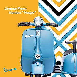 Licensed Vespa Ride-On Motorcycle with Side Car - 6V Electric Car for Boys and Girls - Two-Seat Ride-On Toy with Music and Storage Bin (Blue)