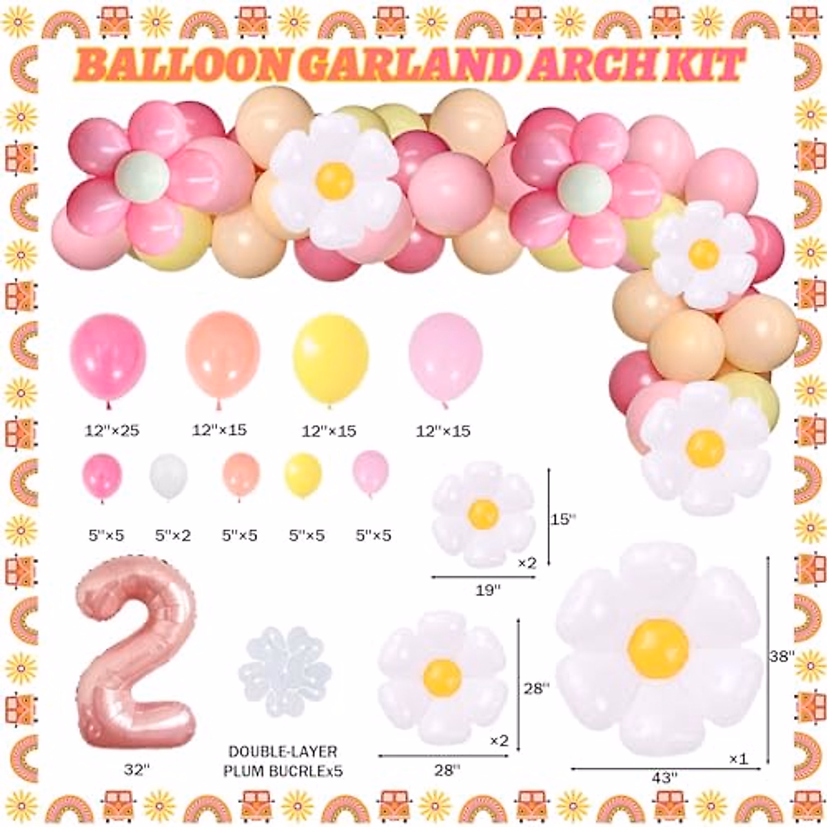 122 PCs Two Groovy Party Decorations, Fiesec Two Groovy Boho Daisy Hippie Second Birthday Party Backdrop Balloon Garland Banner Tablecloth Cake Cupcake Topper Crown Poster