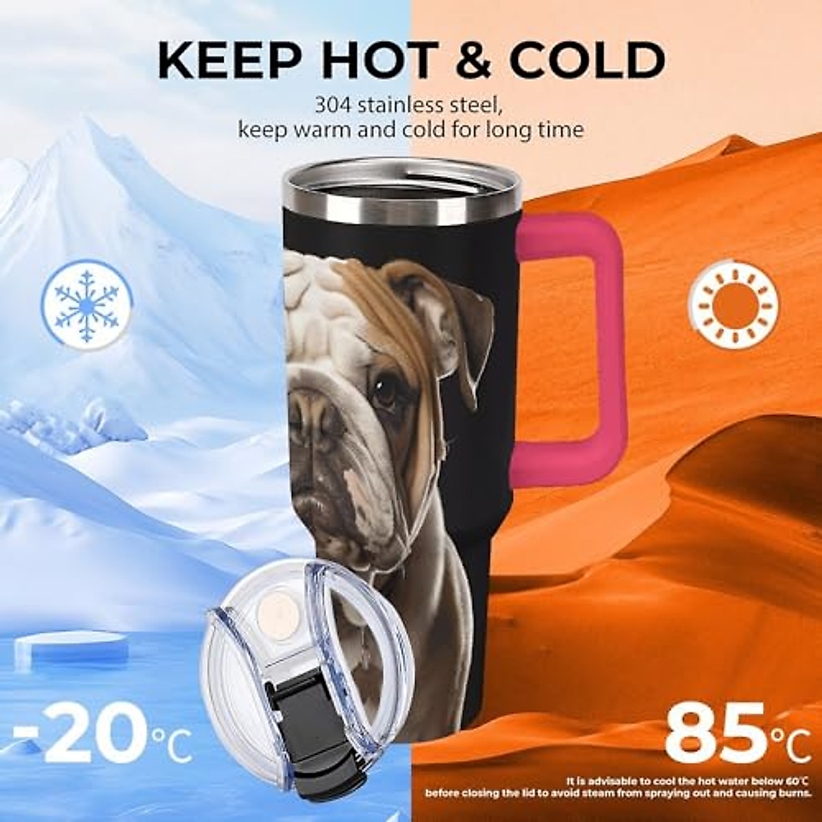 LLUTSNTH 40 Oz Vacuum Tumbler with Light Rose Red Handle Leakproof Insulated Tumbler English-Bulldog Stainless Steel Travel Mug with Lid And Straw Coffee Cup Cute Water Bottles Cup Holder Friendly