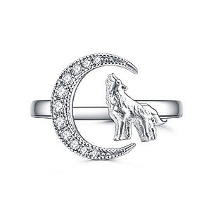POPLYKE Wolf Moon Ring for Women 925 Sterling Silver Crescent Moon Wolf Ring Jewelry Gifts for Women