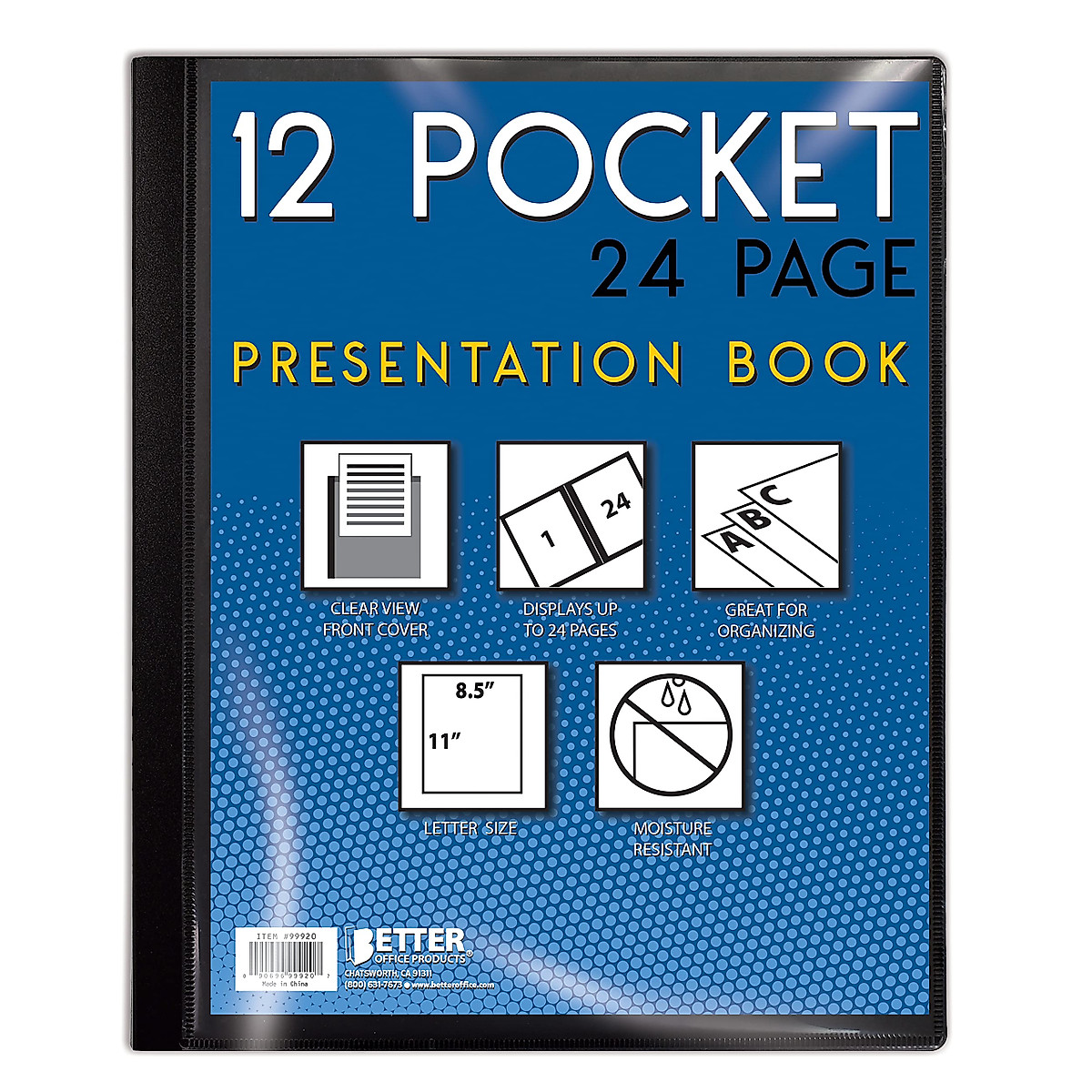 Better Office Products 12 Pocket Bound Presentation Book, Black with Clear View Front Cover, 24 Sheet Protector Pages, 8.5" x 11" Sheets, Art Portfolio, Durable Poly Covers, Letter Size, Black