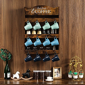 PAG Wall Mounted Coffee Mug Rack Tea Cup Organizer Display Shelf with Coffee Sign, 3 Tier & 12 Hooks, Antique Brown