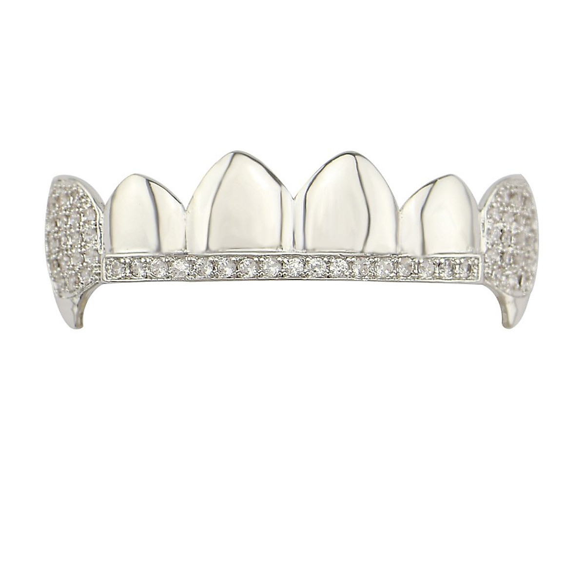Psivika Gold Plated Shiny Hip Hop Teeth Grillz Caps Iced Out CZ Top and Bottom Vampire Fangs Grillz with Diamonds for Your Teeth for Men and Women (Silver)