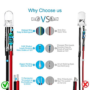 CHANZON 20 pcs Pre-Wired 5mm Red LED Diode Lights (Clear Round Transparent Lens DC 12V) with 680 ohms 1/4W Resistor and 24awg Wire Indicator Light Emitting Diodes Lighting Bulb 5mmled