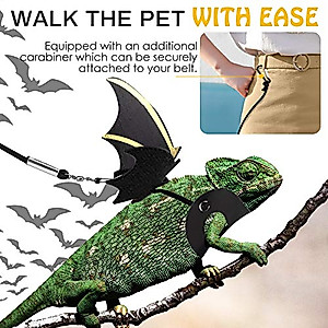 Pawaboo Adjustable Bearded Dragon Harness and Leash, 3 Size Leather Reptile Leash Outdoor Harness Leash with Bat Wings for Lizard Reptiles Amphibians Small Pet, Small/Medium/Large, Black+Gold