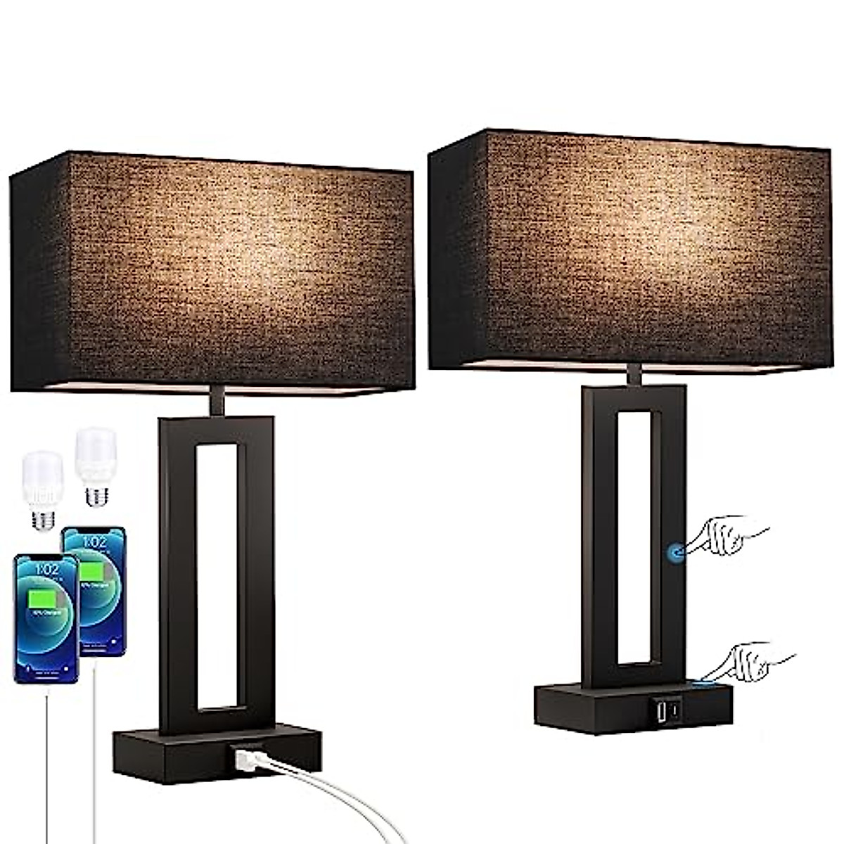 Nightstand Table Lamps for Bedrooms Set of 2 - Touch Bedside Lamp with USB C+A, 3 Way Dimmable Living Room Lamps for End Tables Set of 2, Modern Night Stand Lamps for Bed Side Guest Room(Black)