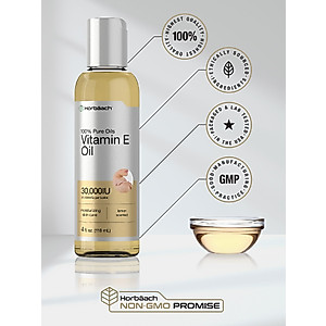 Horbäach Vitamin E Oil For Skin 30,000 IU | 4 fl oz | 100% Pure Oils | Moisturizing Skin Care | Non-GMO, Vegetarian | Lemon Scented