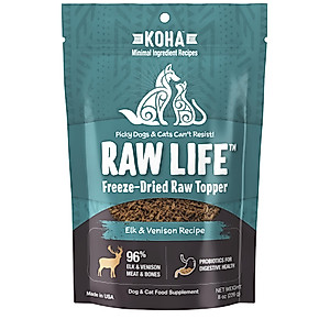 KOHA Raw Life Freeze-Dried Raw Topper Elk & Venison for Dogs and Cats, High Protein Meal Topper for Picky Eaters with Probiotics, 8oz Bag