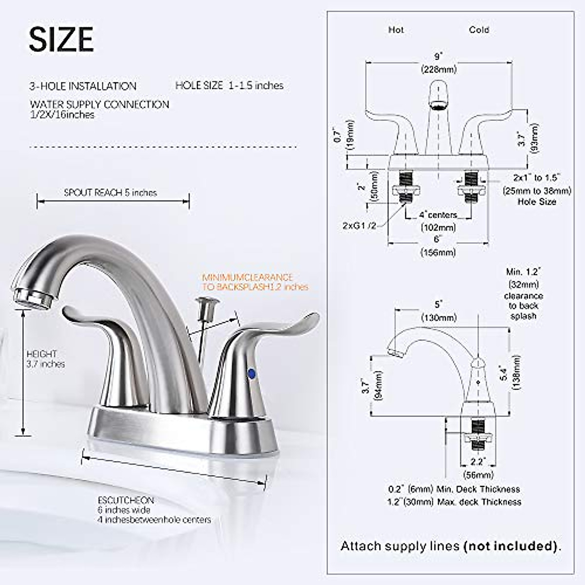 WOWOW Bathroom Faucet 2 Handle 4 Inch Centerset Bathroom Sink Faucet, Lead-Free Basin Mixer Tap with Lift Rod Drain Stopper, 2 Handle Centerset Lavatory Faucet Brushed Nickel Vanity Faucet