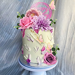 20 PCS Flower Cake Toppers Butterfly Cake Decorations Happy Birthday Cake Toppers with Pink Purple Flowers Eucalyptus Butterflies for Birthday Party Wedding Baby Shower Supplies (Pink Purple)