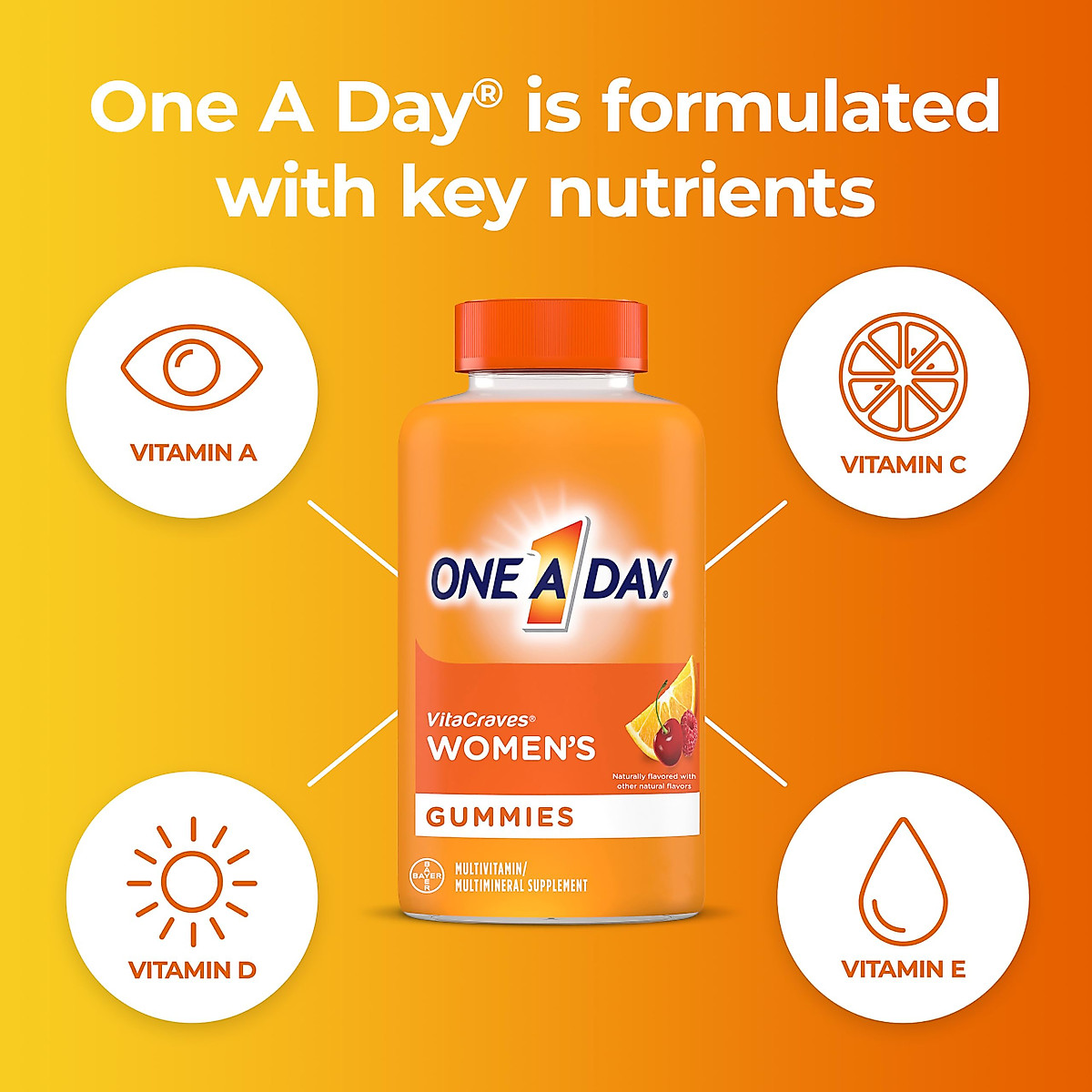 One A Day Women’s Multivitamin Gummies, Supplement with Vitamin A, Vitamin C, Vitamin D, Vitamin E and Zinc for Immune Health Support, Calcium & more, Orange, 230 count, Fruity