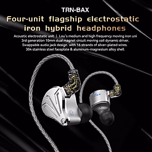 TRN BAX Four-Unit Flagship Electrostatic Iron Headphones, BA+1DD+2EST Hybrid Metal HiFi in Ear Monitor for Running Sport (4.4mm)