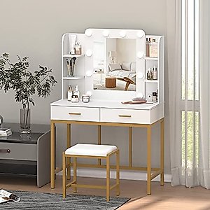 Vabches Makeup Vanity with Lighted Mirror,Vanity Mirror with Lights and Table Set,Vanity Set with 10 LED,Vanity Desk with 3 Lighting Modes and 2 Drawers&Cushioned Stool for Bedroom.