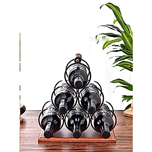 Fadak Countertop Wine Rack, Tabletop 6 Bottles Wood Wine Holder, Sturdy Handle, 3-Tier Rustic Classic Design, Simple Assembly, Wood & Metal (Bronze)