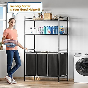 Raybee Laundry Sorter 3 Section Laundry Hamper Sorter with Adjustable Storage Shelf 145L Laundry Basket Organizer with Removable Bag 3 Compartment Laundry Hampers for Laundry Room Organization Baskets