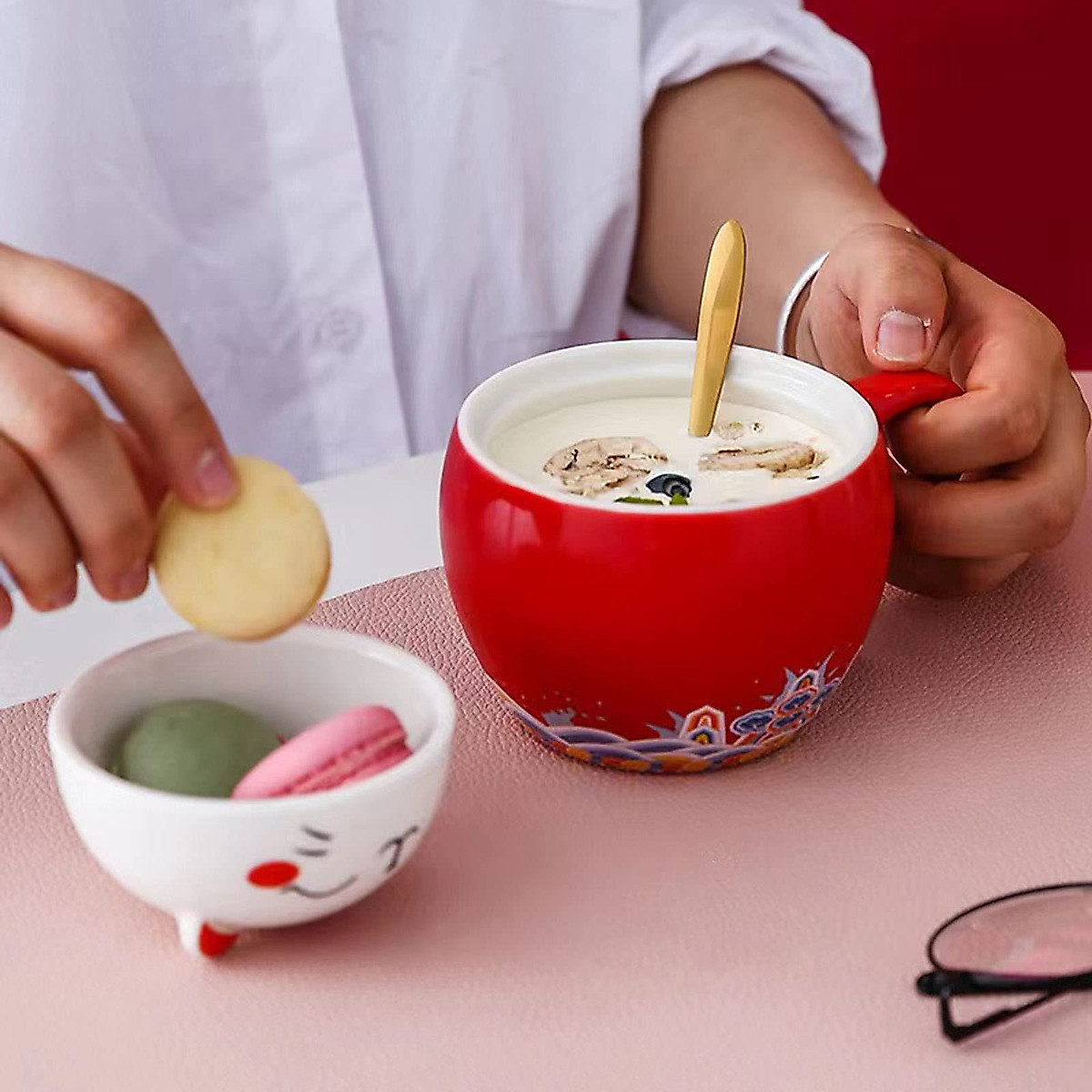 ARISKEY Ceramic Tea Mug with Infuser and Lid,Cute Cat Tea Cup with Filter for Steeping Loose Leaf, Handmade Porcelain Teacup, 3D Funny Novelty Mug for Home Office (Red)