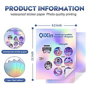 QiXin 22 Sheets Holographic Sticker Paper 8.5 x11 inch for Inkjet Printer & Laser Printer US letter size Holographic Printable Vinyl Rainbow Sticker Printer Paper Adhesive Waterproof Vinyl