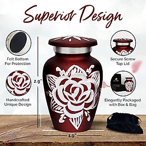 Red Rose Urn - Small Urn for Human Ashes Keepsake - Capacity 3 cu in - Height 2.9 in - Red Urn for Women Men with Box & Bag - Honor Your Loved One with Handcrafted Mini Cremation Urn for Ashes
