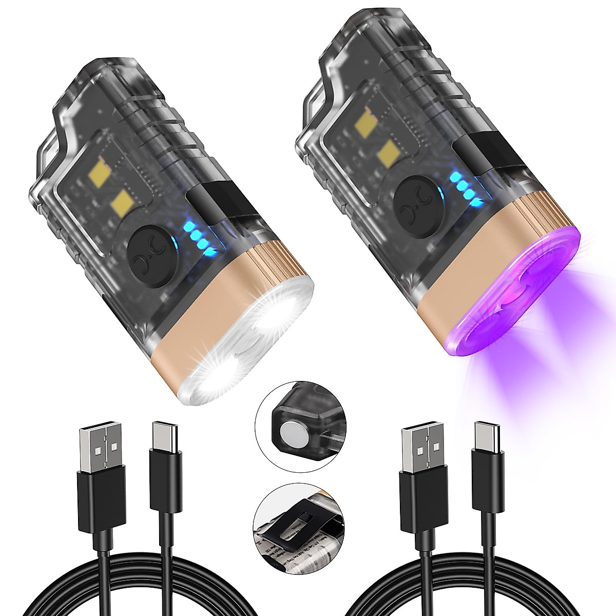 LED Small Powerful EDC Flashlight, 365nm UV Black Light, Mini Led Flashlight 1500 LM, USB C Rechargeable Mini Keychain Flash Light with Clip, Tail Magnet, 9 Modes, Waterproof Pocket Flashlights 2 PC