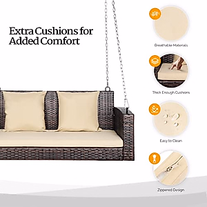 VINGLI Heavy Duty 800 LBS Wicker Hanging Porch Swing with Cushions & Chains, 4FT Outdoor Rattan Swing Bench for Garden, Yard, Lawn (Brown+Beige)