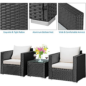 Toolsempire 3 Pieces Patio Conversation Set Outdoor Rattan Wicker Furniture Set with Water-Resistant Cushion & Tempered Glass Tabletop, Wicker Chair for Porch, Balcony, Backyard(Beige)
