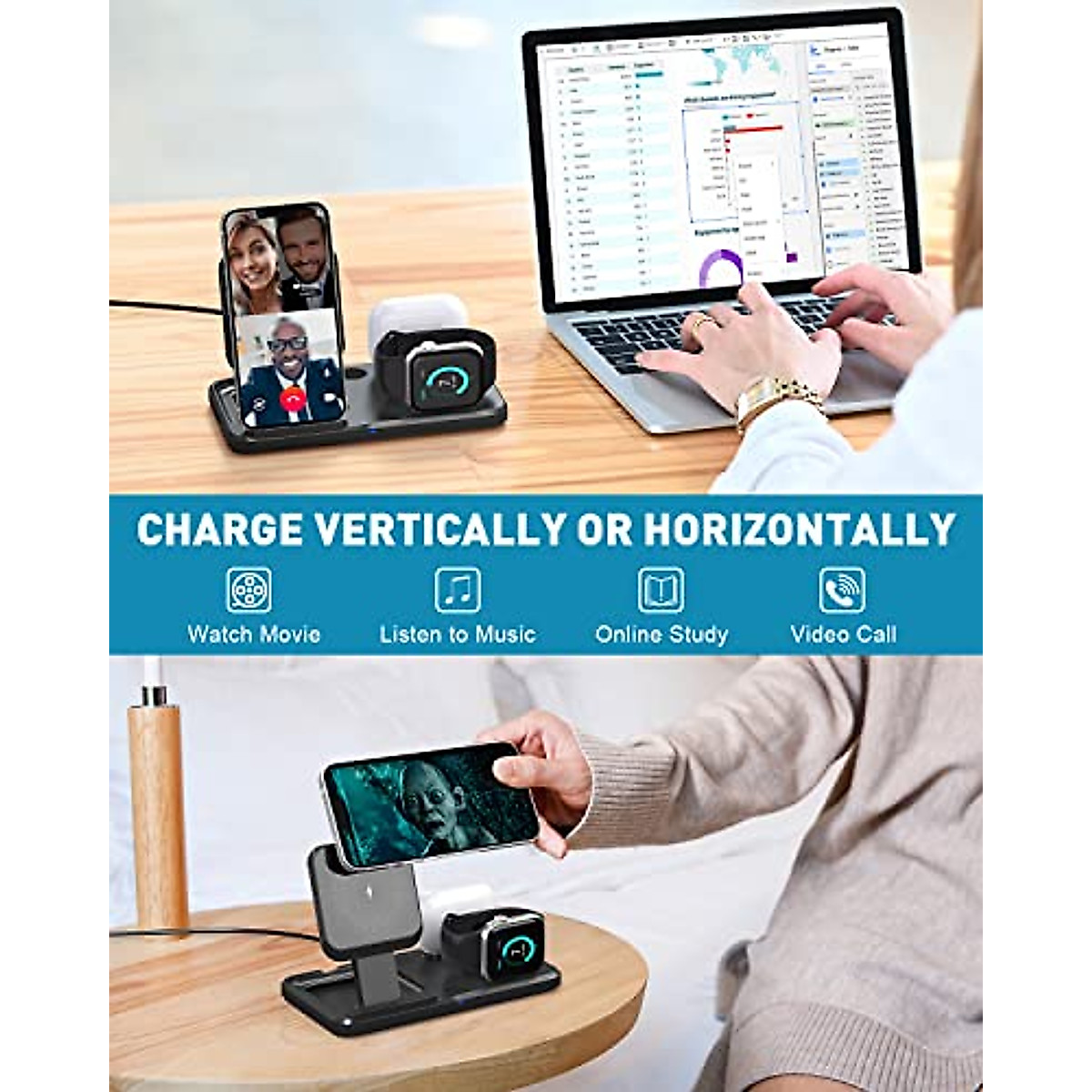 3 in 1 Charging Station for Apple Multiple Devices, Foldable Wireless Charger Portable Travel Charging Dock Charger Stand Compatible with iPhone Airpods Apple Watch with Adapter