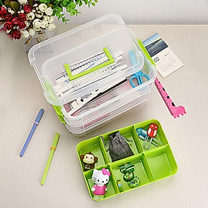 BTSKY 3 Layer Stack & Carry Box, Plastic Multipurpose Portable Storage Container Box Handled Organizer Storage Box with Removable Tray for Organizing Sewing, Art Craft, Supplies Green