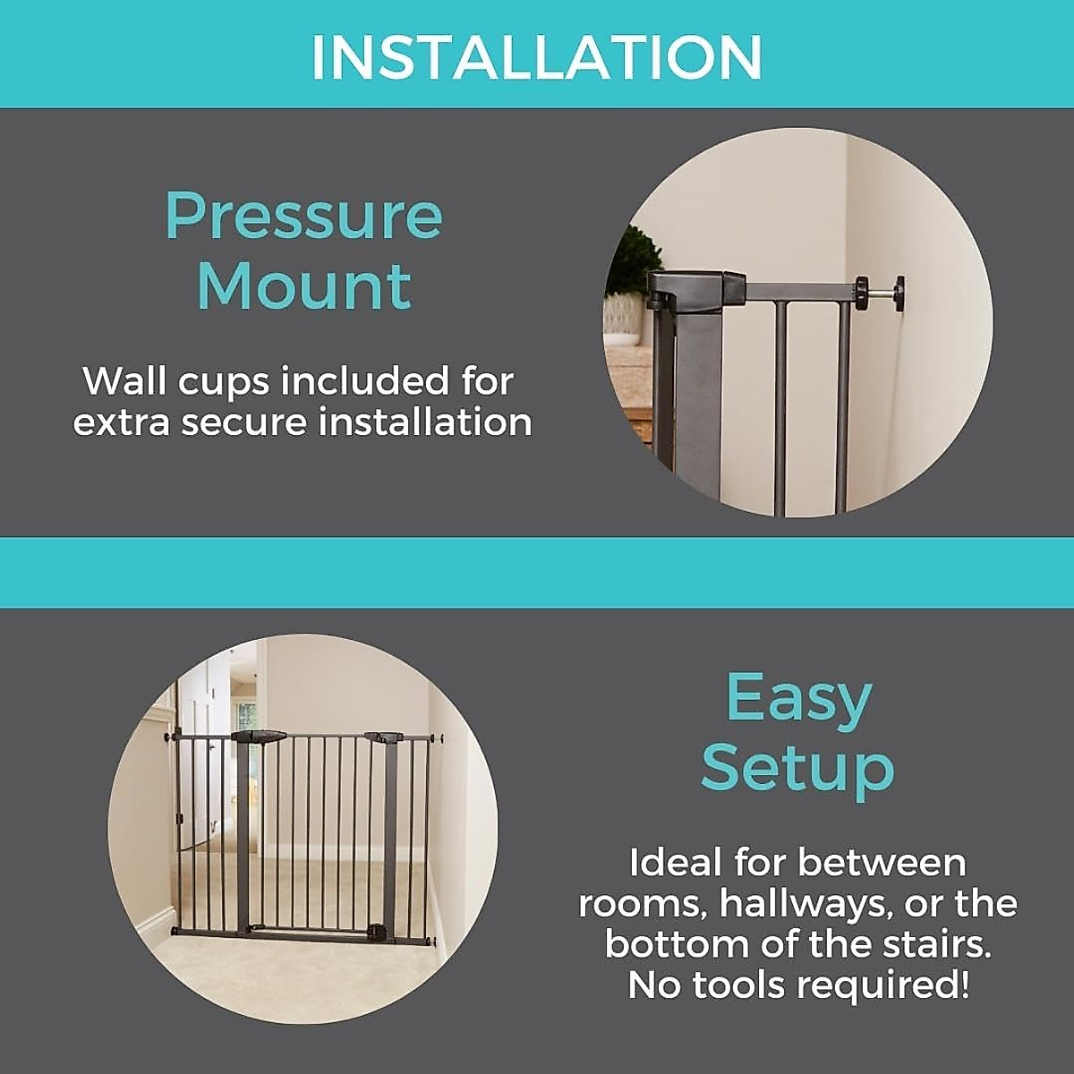 Toddleroo by North States Riverstone Extra Tall & Wide Self-Closing Baby Gate with Door. Pressure Mounted Baby Gates for Doorways, Child Gate Fits Openings 29.75” to 52” Wide. (36" Tall, Graphite)