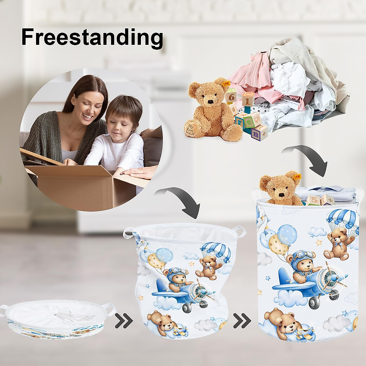 Clastyle 45L Large Blue Bear Pilot Kid Boy Girl Laundry Hamper with Handle Collapsible Balloon Clothes Toy Storage Basket with Lid for Nursery