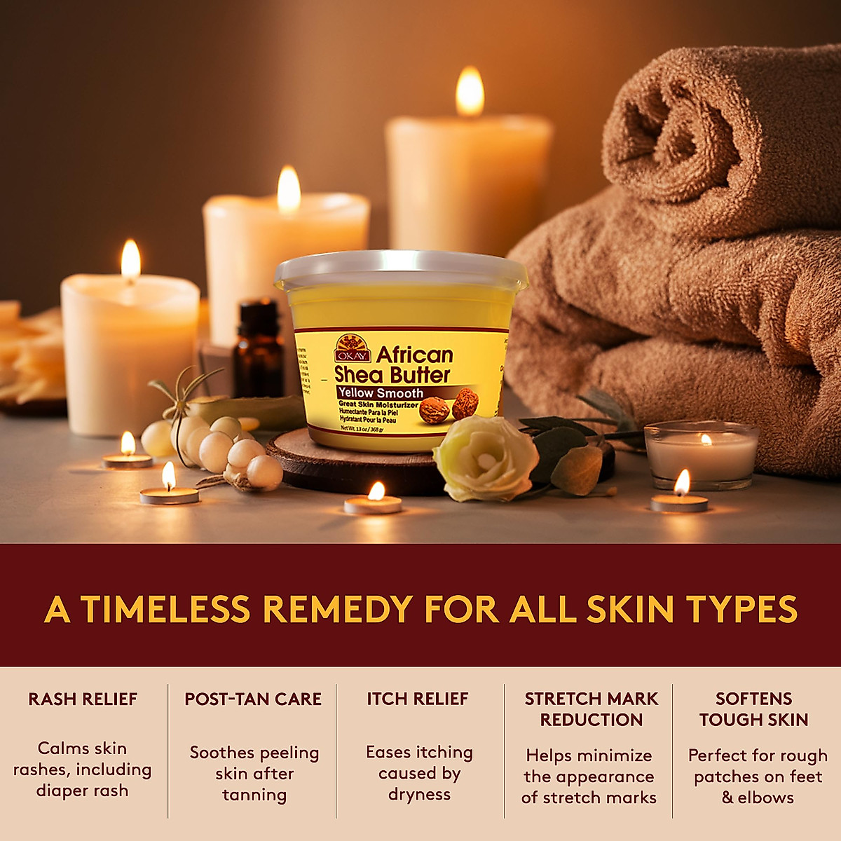 OKAY Yellow Shea Butter for Hair and Skin - Raw African Shea Butter for Women and Men, Daily Moisturizer for Face and Body, Helps with Stretch Marks, Soothes Dryness - 13 Oz Jar (Pack of 1)