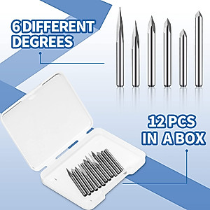 12 Pieces CNC Router V Bits, 1/8" Shank 3 Edge Pyramid Engraving Bits, 0.1 mm Tip 15/20/ 30/45/ 60/90 Degrees Wood Carving Tools