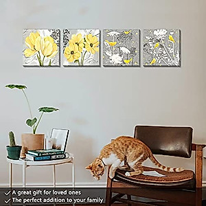 Wall HDQ Yellow Gray Wall Art Canvas Flowers Birds Wall Decor for Living Room Bathroom Abstract Modern Floral Large Posters Print Artwork Framed Hang Pictures for Home Decorations 12''x12'' x4 Panels