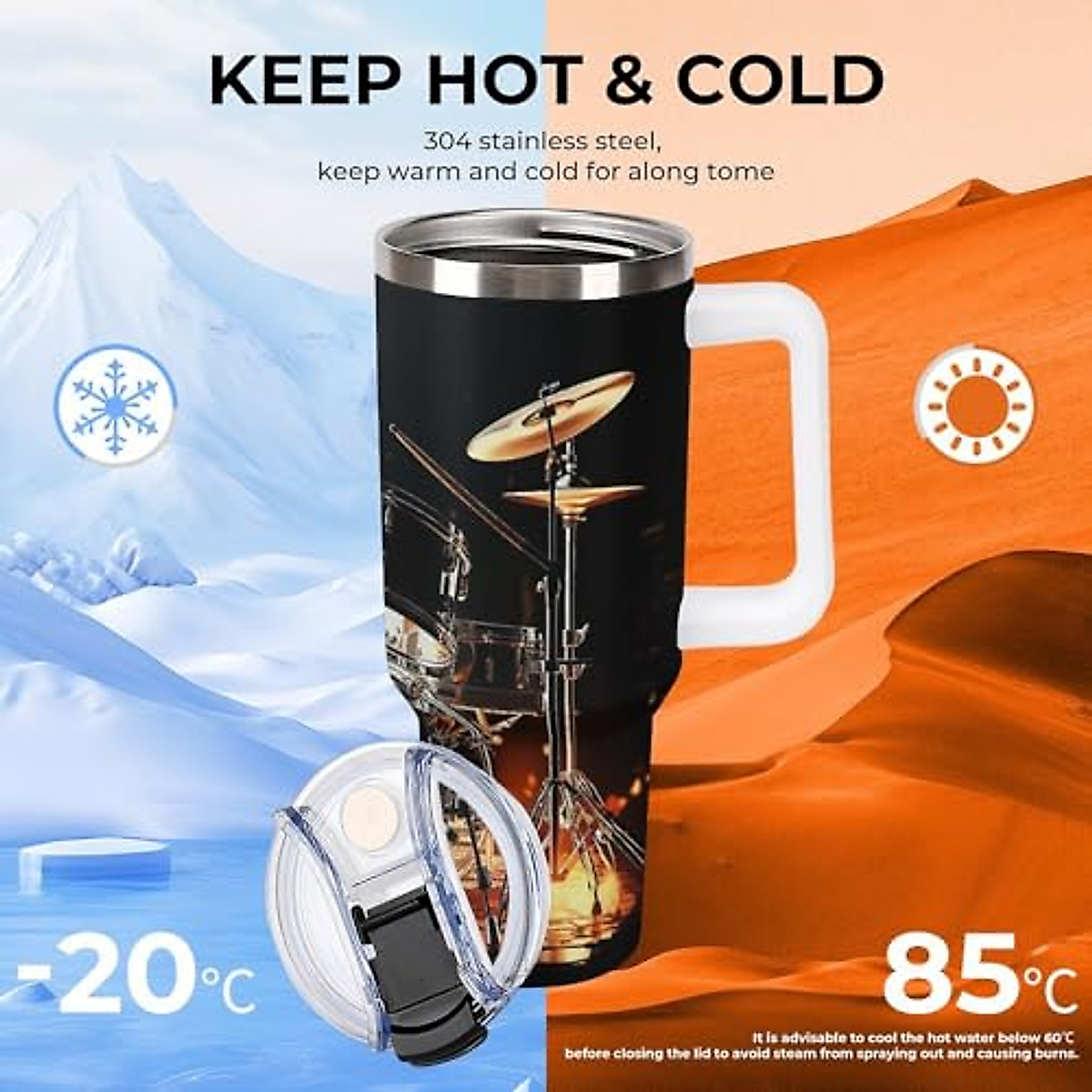 QWJKM Drummer Tumbler with Handle Large Insulated Car Cup 40 OZ Stainless Steel Travel Mug Leak Proof Water Bottle with Lid And Straw for Car Home Office Gifts