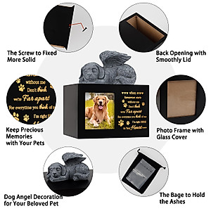 LPREUTWN Pet Urns for Ashes, Large Wooden Pet Urns for Dog or Cat Ashes with Dog Angel, Memorial Keepsake Memory Box with Photo Frame, Loss Pet Sympathy Remembrance Gift (Black)