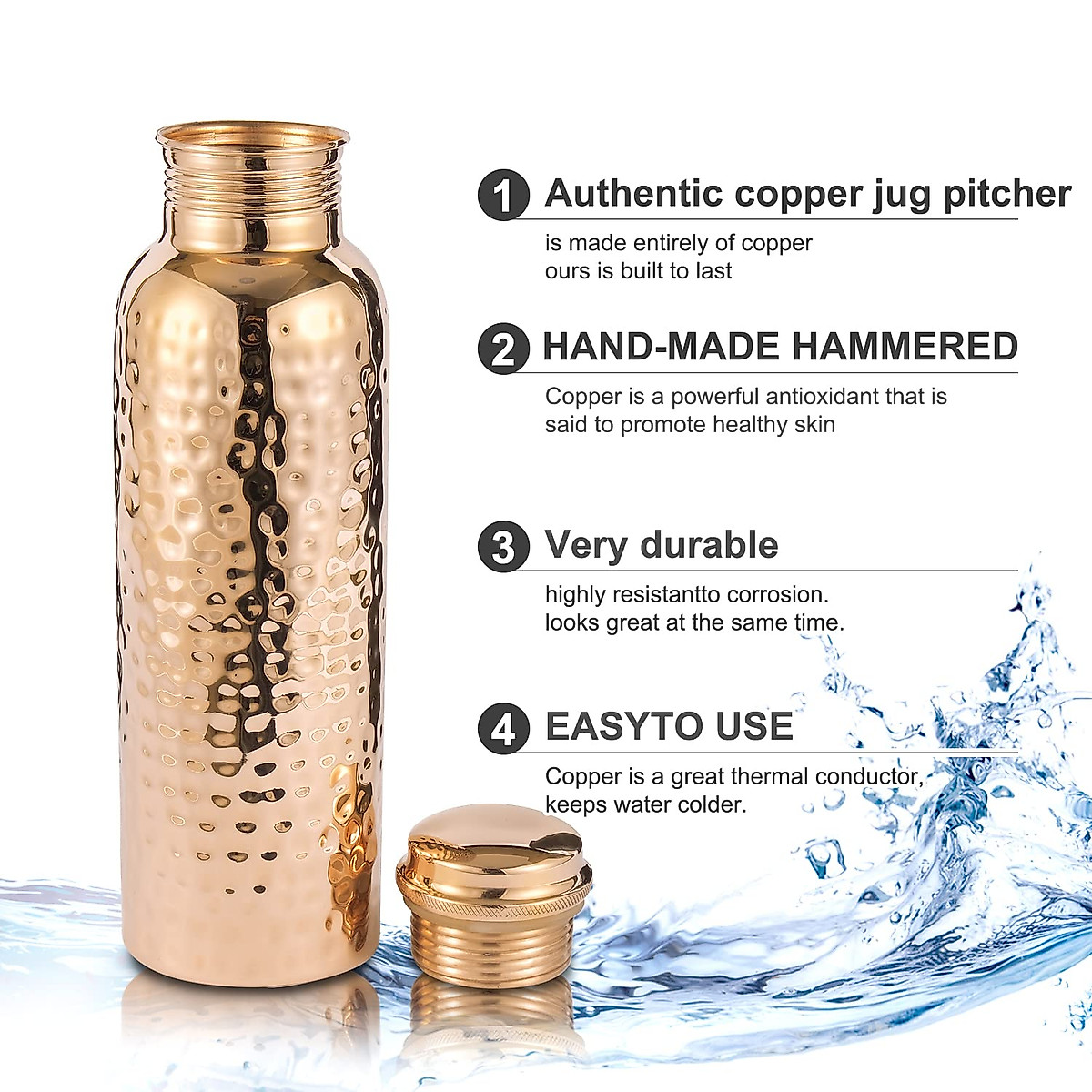 Pure Copper Bottle - 100% Solid Handcrafted Copper Hammered Bottle, Capacity 34 Oz/1000 ML - Copper Bottle for Home, Office, Hotel and Gifting