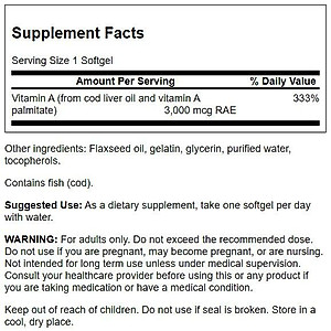 Swanson Vitamin A 10,000 IU (3,000 mcg RAE) Natural Nourishment for Bone, Skin Health, Vision Support & Immune System Function - High Absorption Vitamin A 250 Softgels