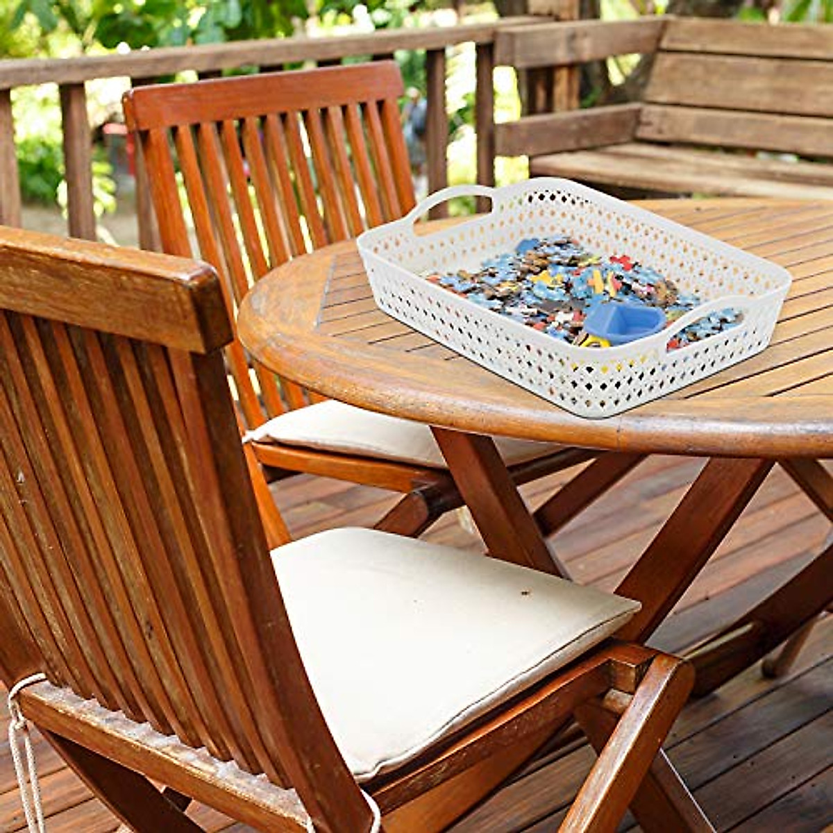 Sandmovie Plastic Woven Storage Basket Tray with Handles, White, 6 Packs