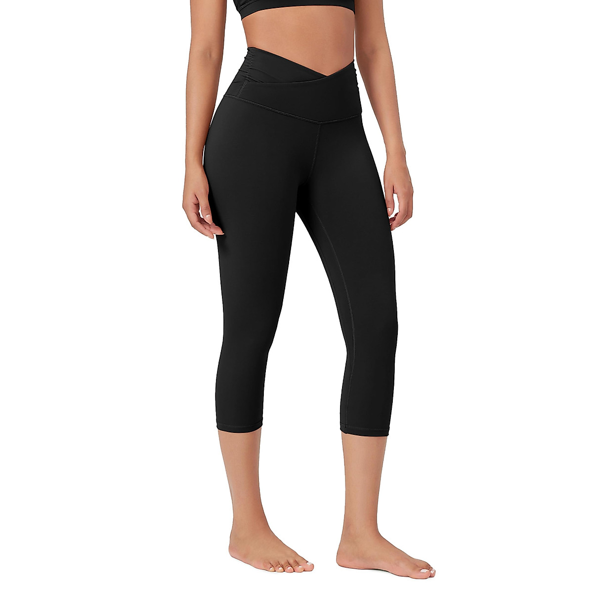 ODODOS Women's Cross Waist Yoga Capris with Inner Pocket, Inseam 19" Gathered Crossover Workout Cropped Yoga Pants, Black, Large