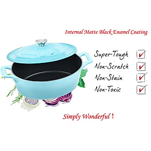 La Cuisine Enameled Cast Iron Oval Dutch Oven Casserole Pot with Lid 5 QT Matte Black Enamel Interior, Teal Porcelain Enamel Coating Finish Exterior