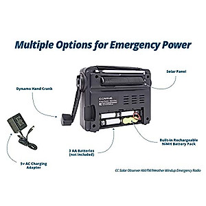 C. Crane CC Solar Observer Wind Up Solar Emergency Crank Radio with AM, FM, NOAA Weather, Built in LED Flashlight, Cellphone Charger and AC Adapter