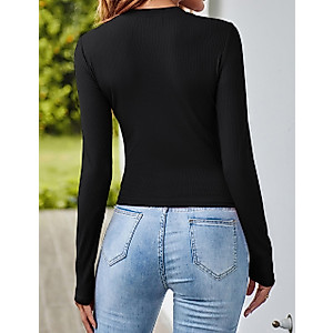 MEROKEETY Women Long Sleeve Slim Fit Crop Shirt Ribbed Knit Tops Casual Round Neck Y2K Tees Black Medium