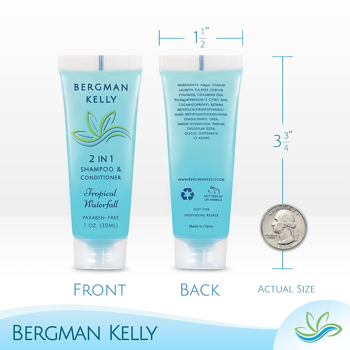 BERGMAN KELLY Round Soap Bars, 2in1 Shampoo & Conditioner, and Travel Size Lotion 3-Piece Set (Tropical Waterfall, 1 oz ea, 75 pc), Revitalizing & Refreshing Sanitary Toiletries Hotel Amenities