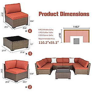 7 Pieces Outdoor Patio Sectional Sofa Set,Brown Wicker Furniture Set, Washable Seat Cushions with Zippers and Tempered Glass Table, Maple Red Cushion