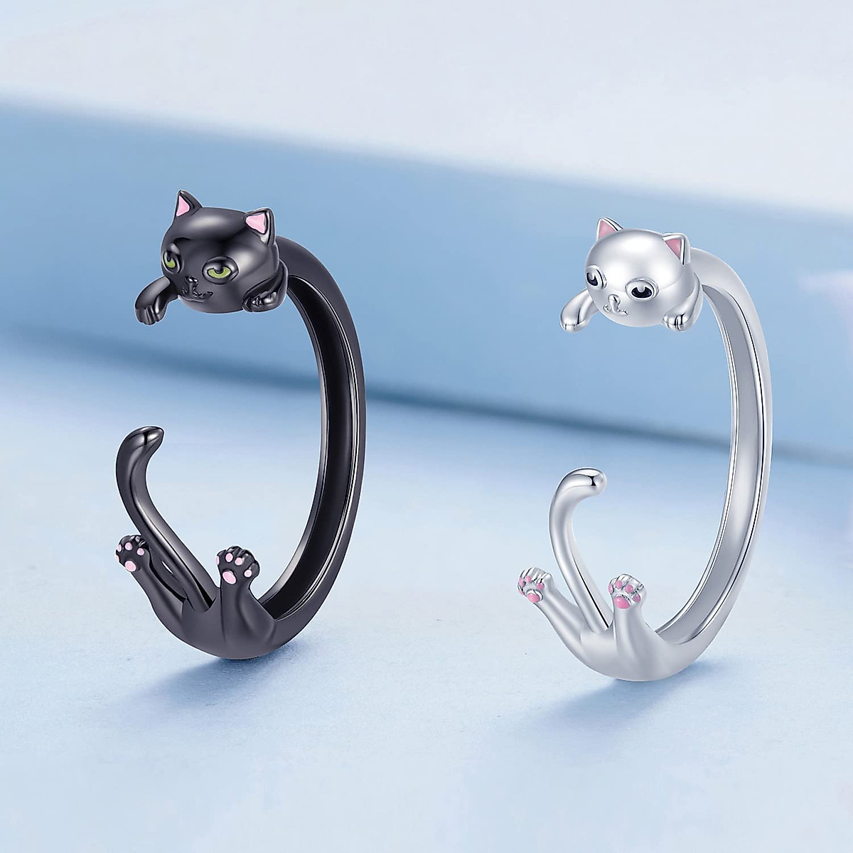 RUKYF 925 Sterling Silver Black Cat Rings with Black Gold Plating Dainty Stackable Adjustable Rings for Women Men Cute Cat Gifts for Cat Lovers