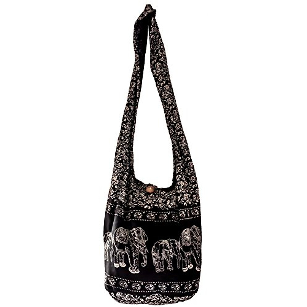 Sling Cross body BAG SHOPPING COTTON over 40 prints owl koi turtle daisy peacock aztec paisley elephant YAM Shoulder BIG (Black ELEPHANT)